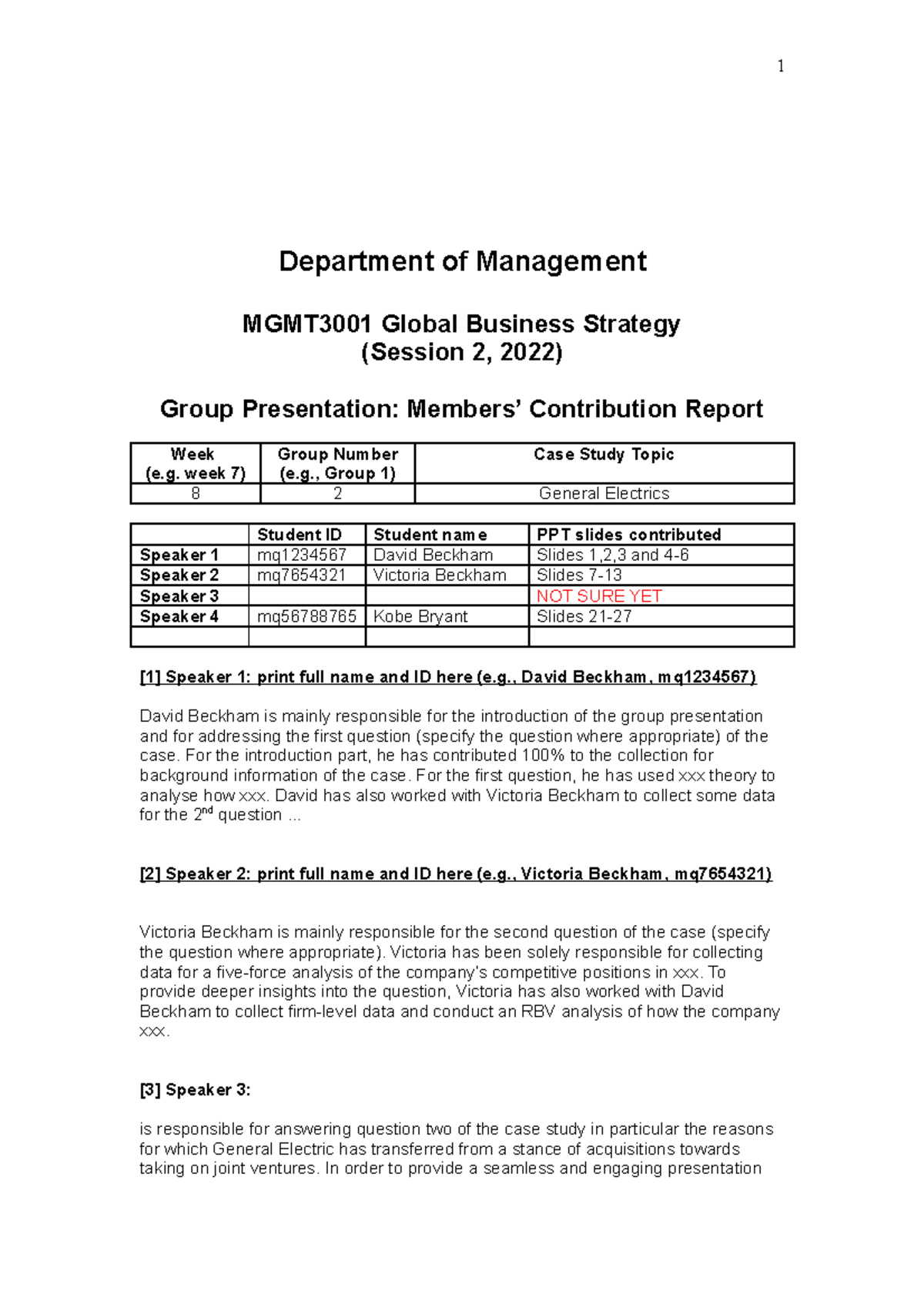 Members contribution report - 1 Department of Management MGMT3001 ...