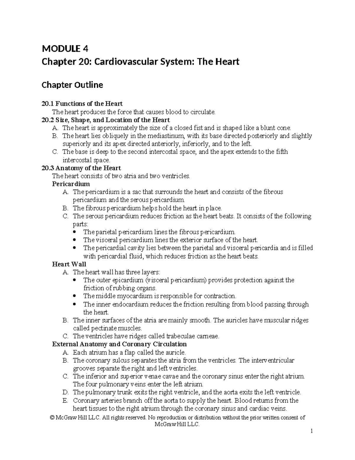 Chapter 20 Outline - MODULE 4 Chapter 20: Cardiovascular System: The ...
