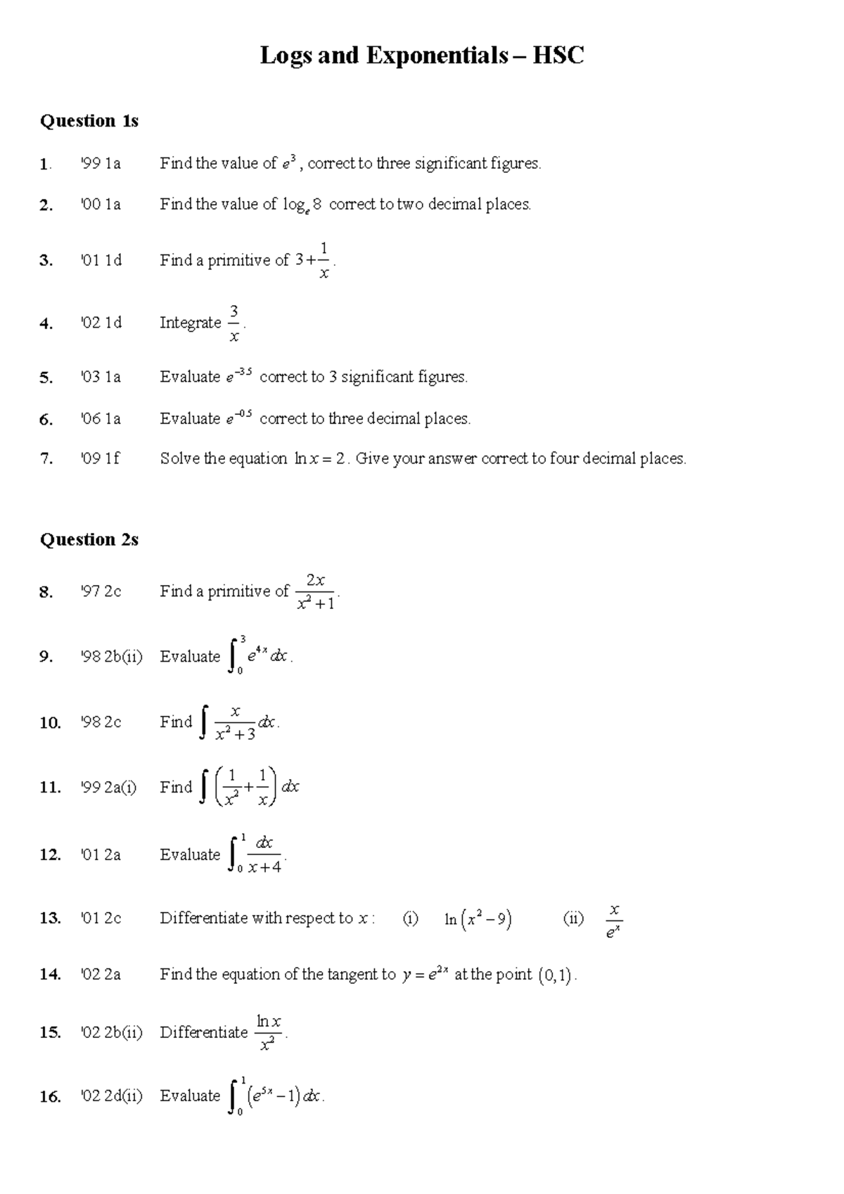 10 -Logs and Exponentials HSC Questions - Logs and Exponentials – HSC ...