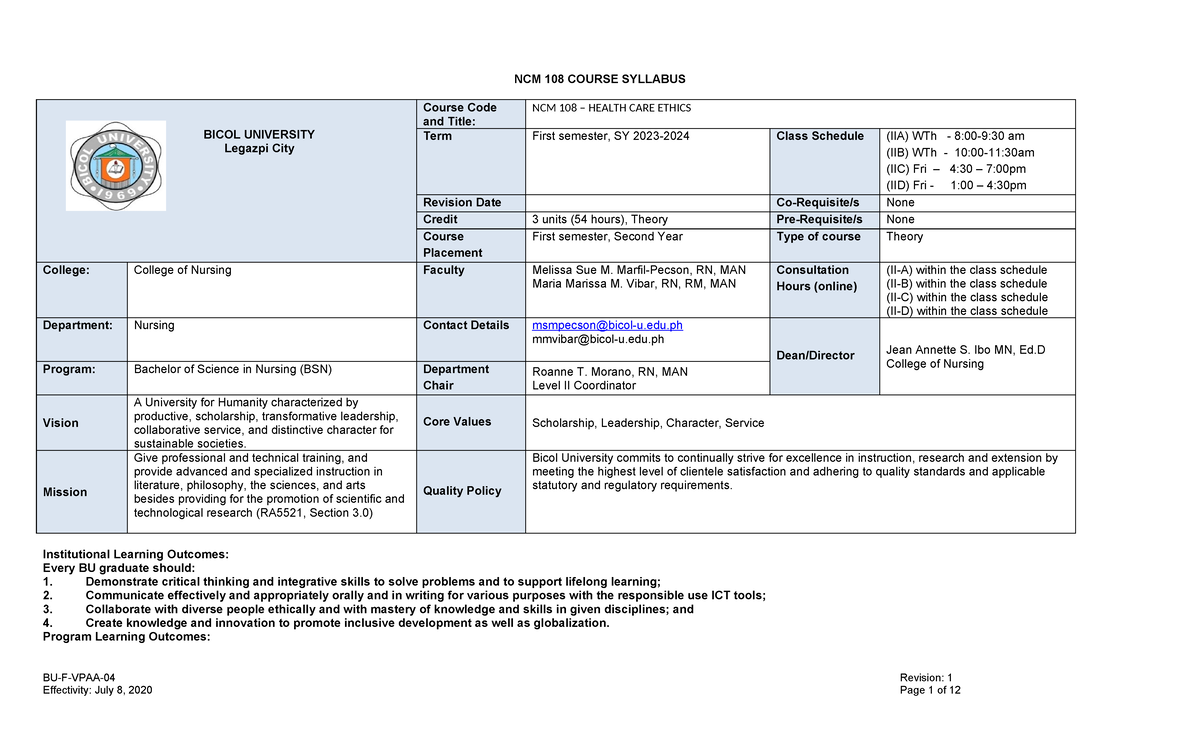 NCM108-Bioethics Syllabus - NCM 108 COURSE SYLLABUS BICOL UNIVERSITY ...