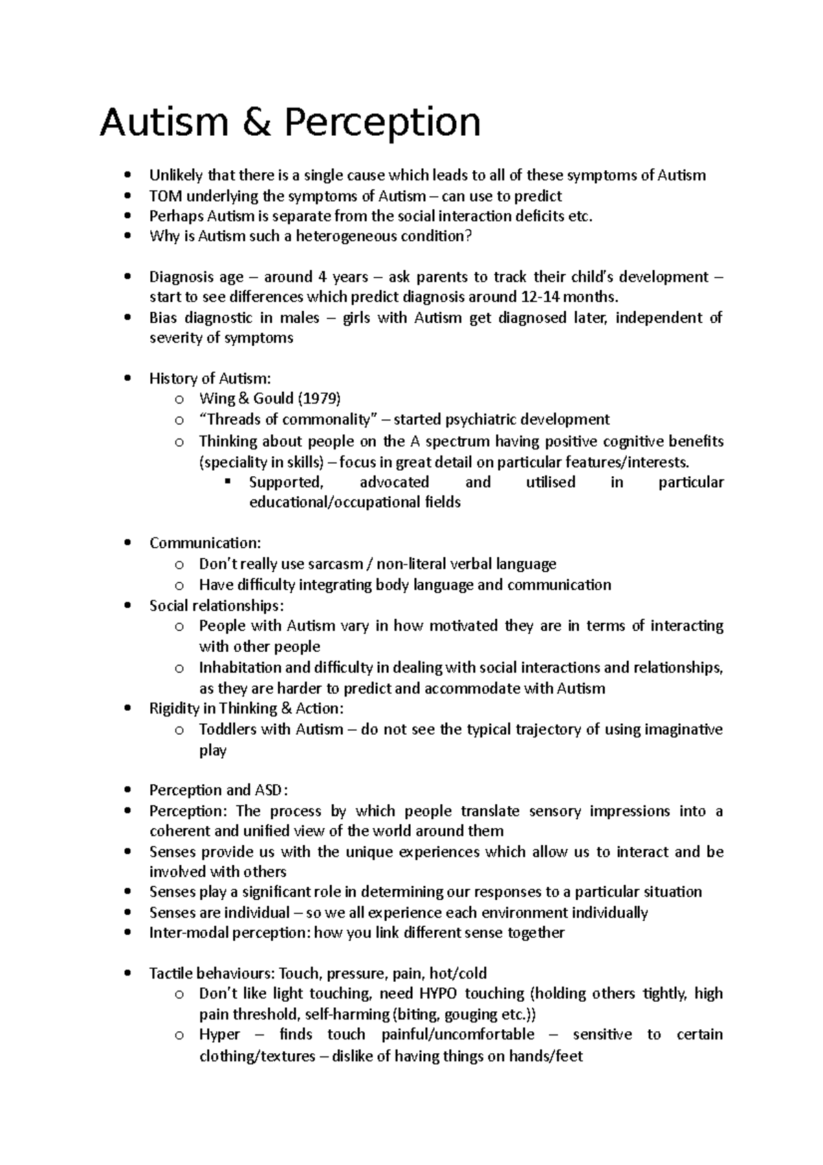 DEV L8 - Autism & Perception - Autism & Perception Unlikely that there ...