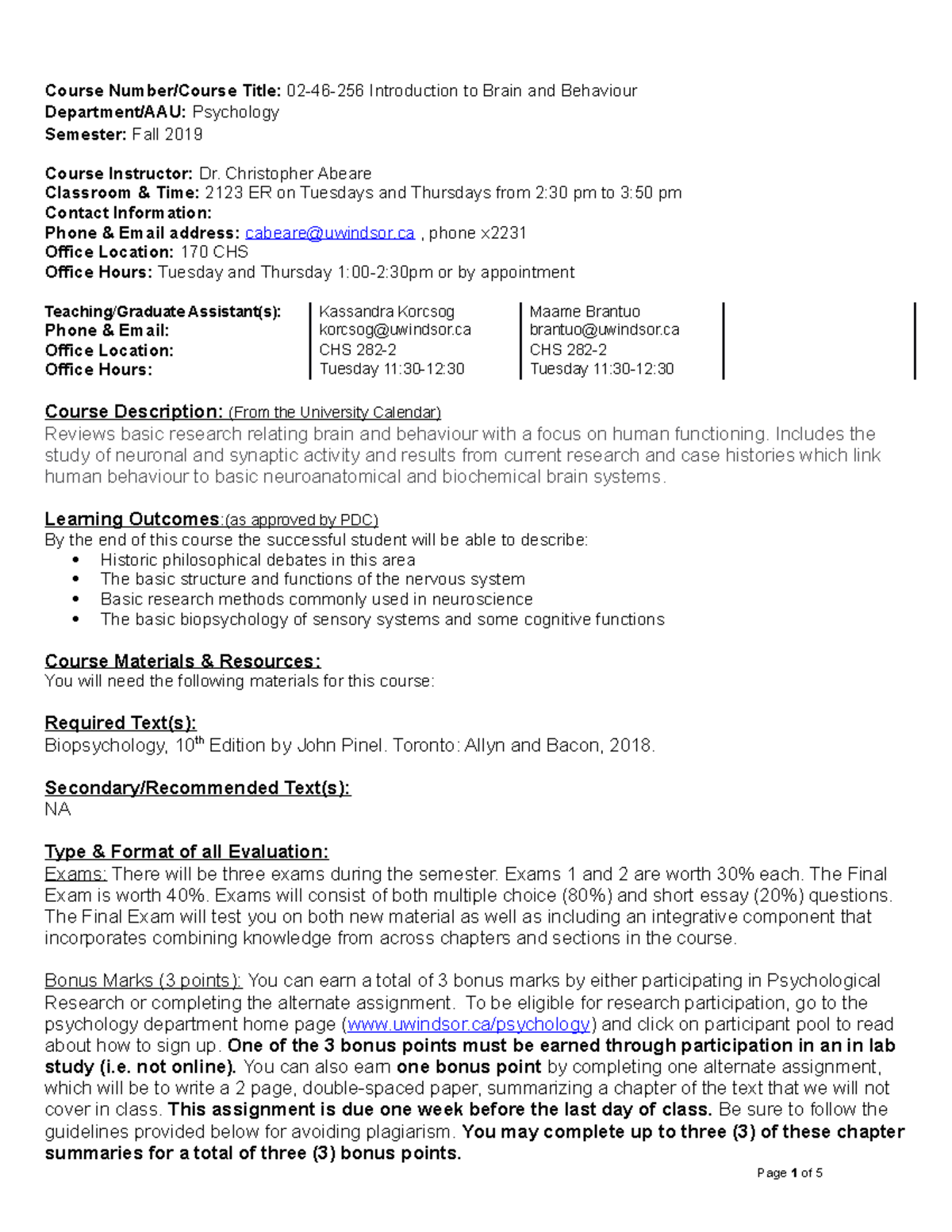 Course Outline Psy 256 Brain and Behavior Fall 2019 - Course Number ...