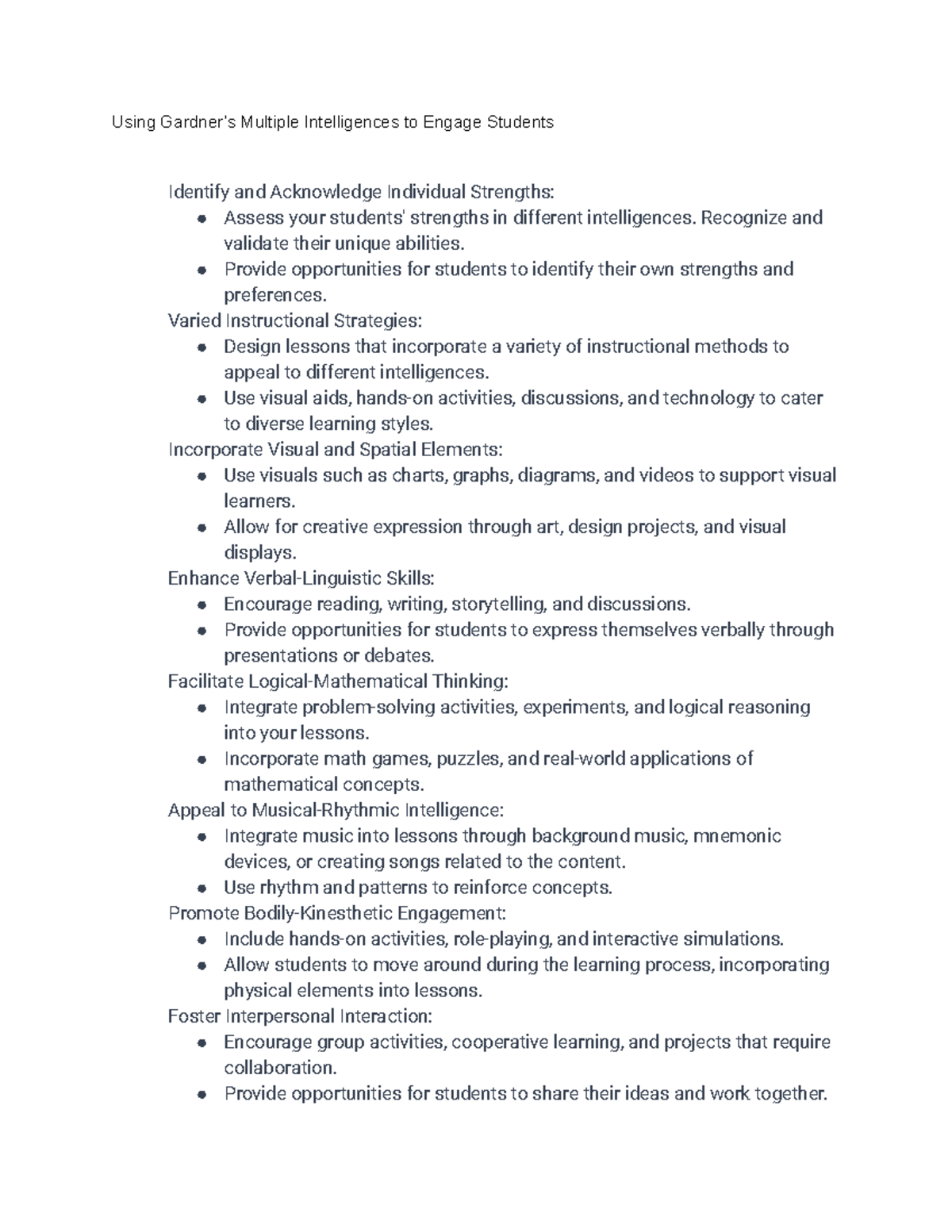 Ed Psych Notes - 5 - Using Gardner’s Multiple Intelligences to Engage ...