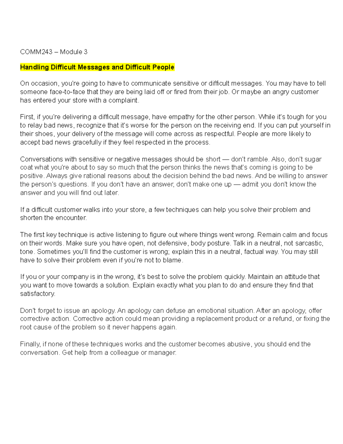 COMM243 Module 3 Notes - 123 - COMM243 – Module 3 Handling Difficult ...
