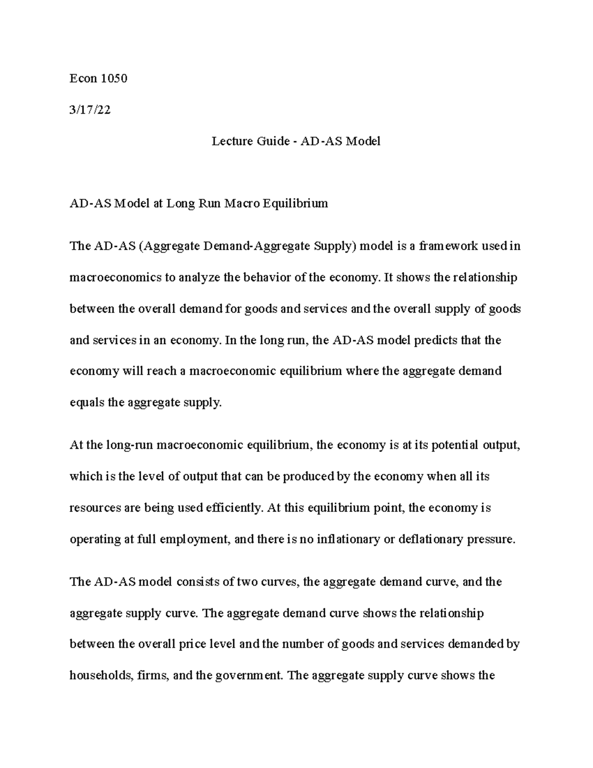 Econ Lecture Guide - AD-AS Model - Econ 1050 3/17/ Lecture Guide - AD ...