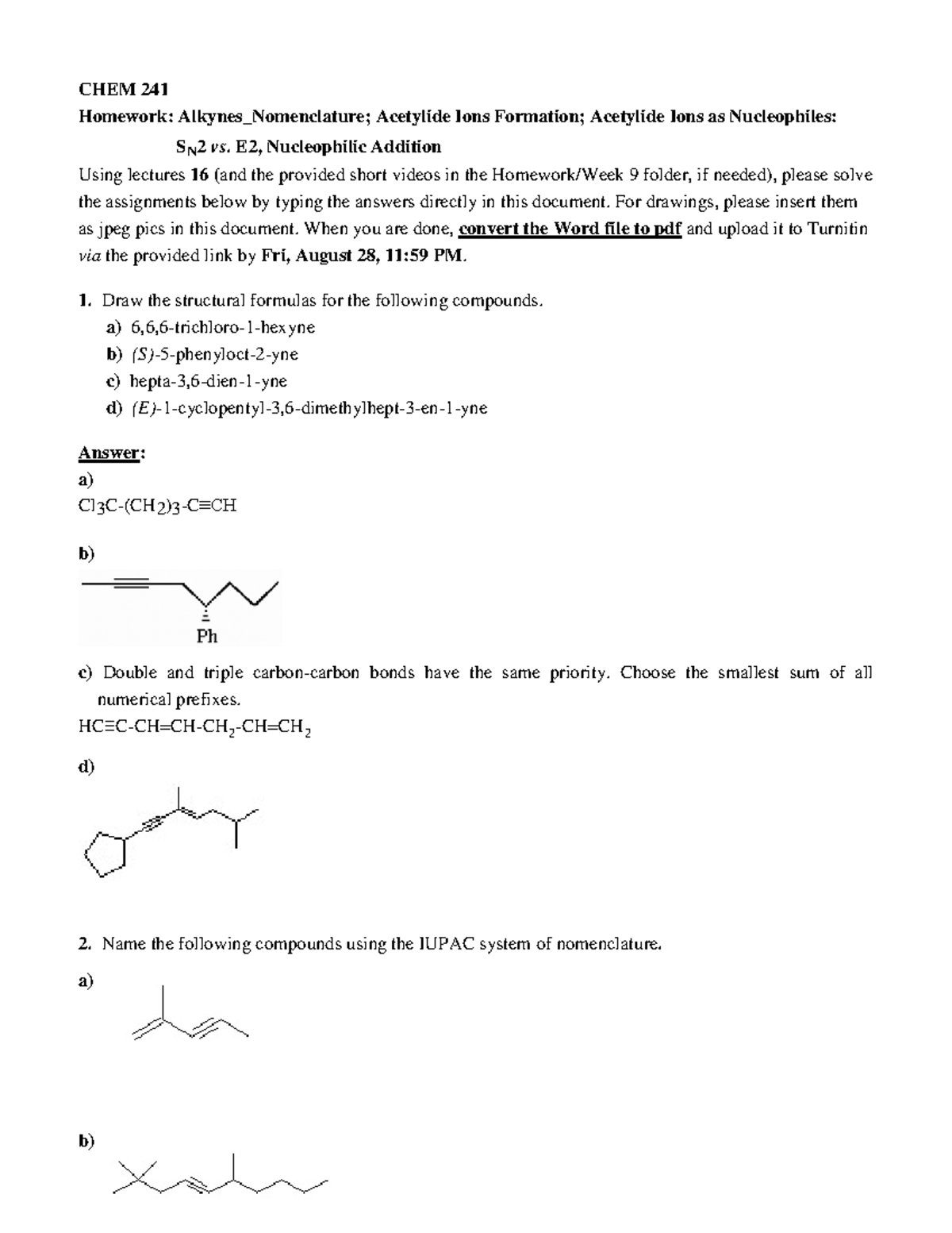 Alkynes Answers Key - CHEM 241 Homework: Alkynes_Nomenclature ...