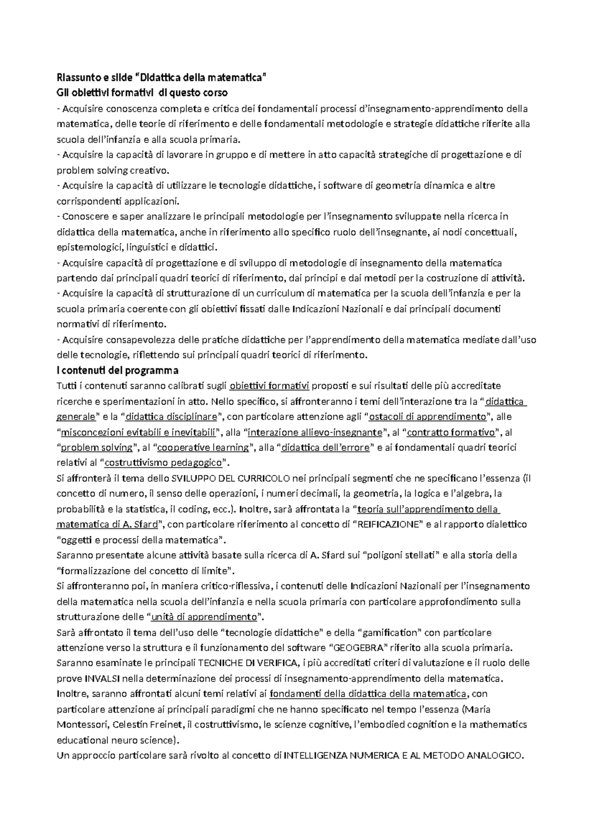 Didattica della matematica - riassunto e dispense - Riassunto e slide ...