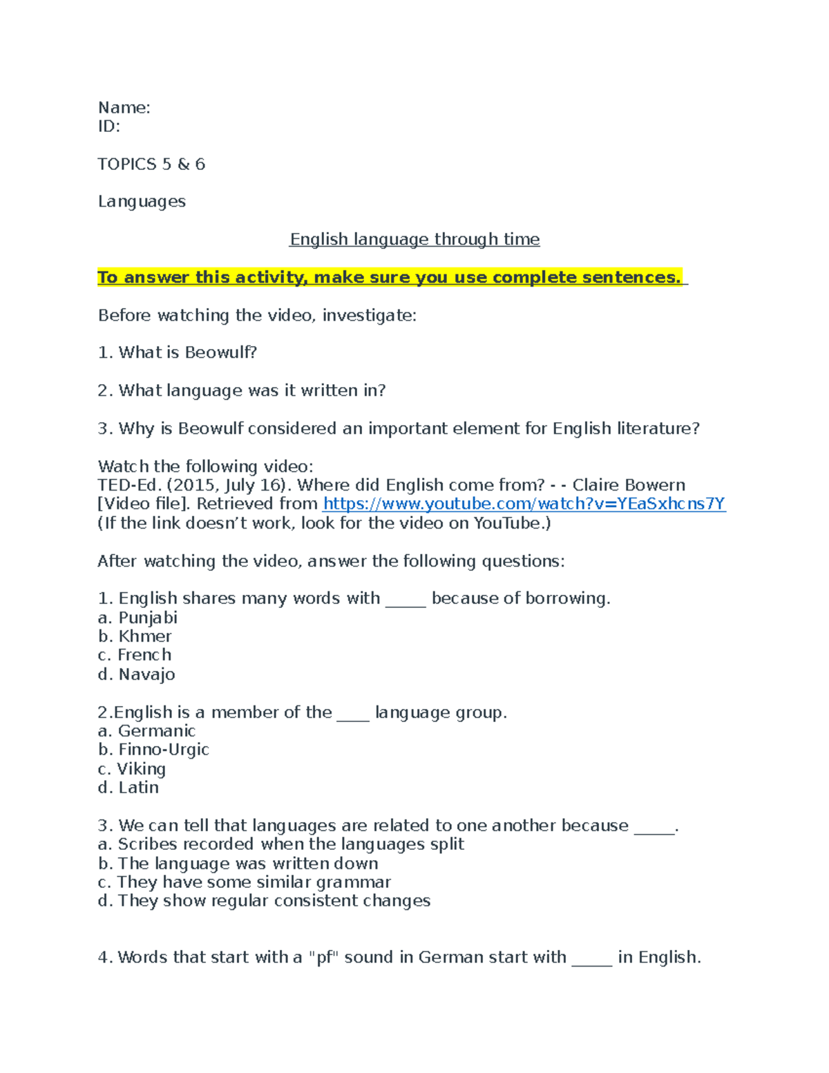 English Through TIME Global Culture 2 - Name: ID: TOPICS 5 & 6 ...