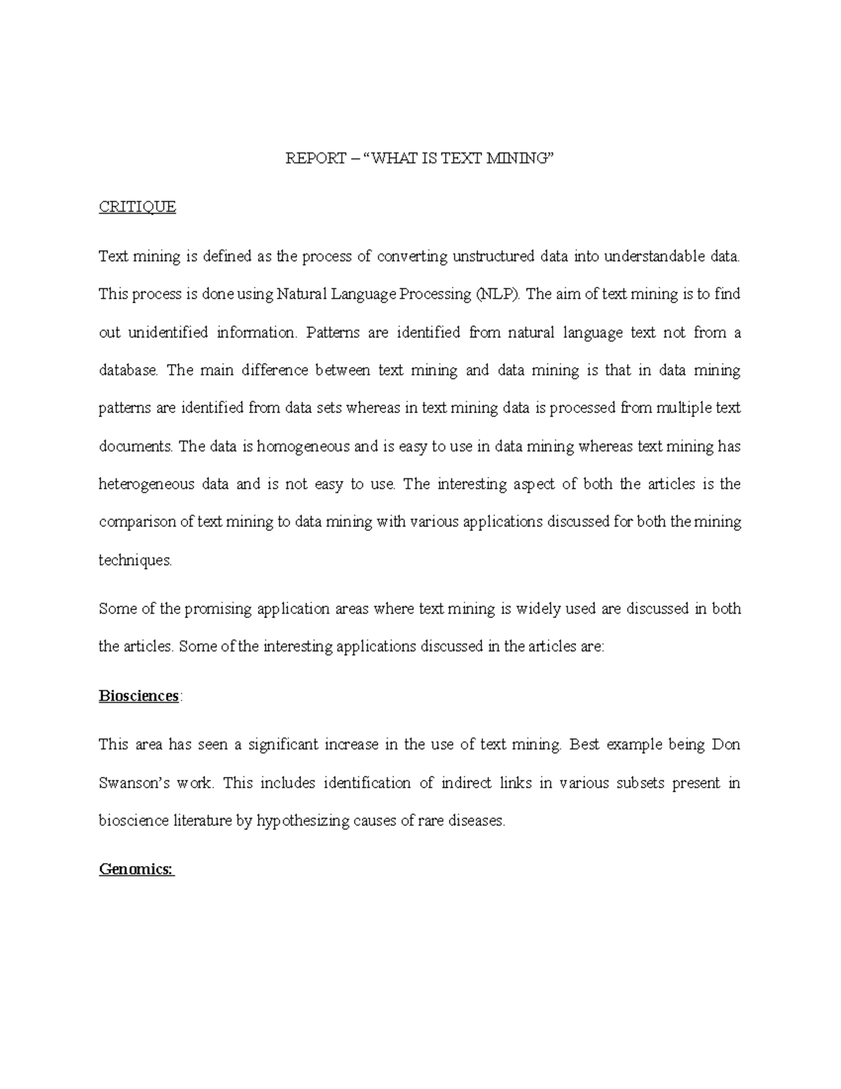 Assignment 1 IST 6443 - REPORT – “WHAT IS TEXT MINING” CRITIQUE Text ...