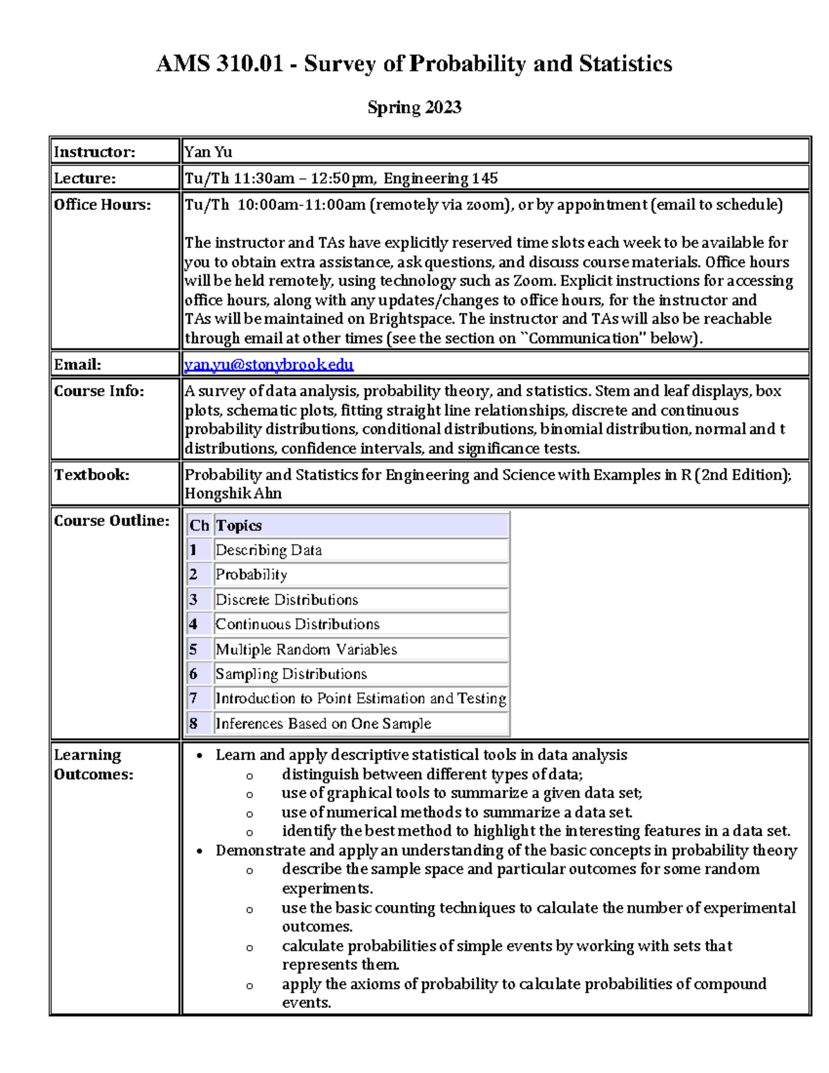 AMS310 01 spring 2023 syllabus - AMS 310 1 - Survey of Probability and ...