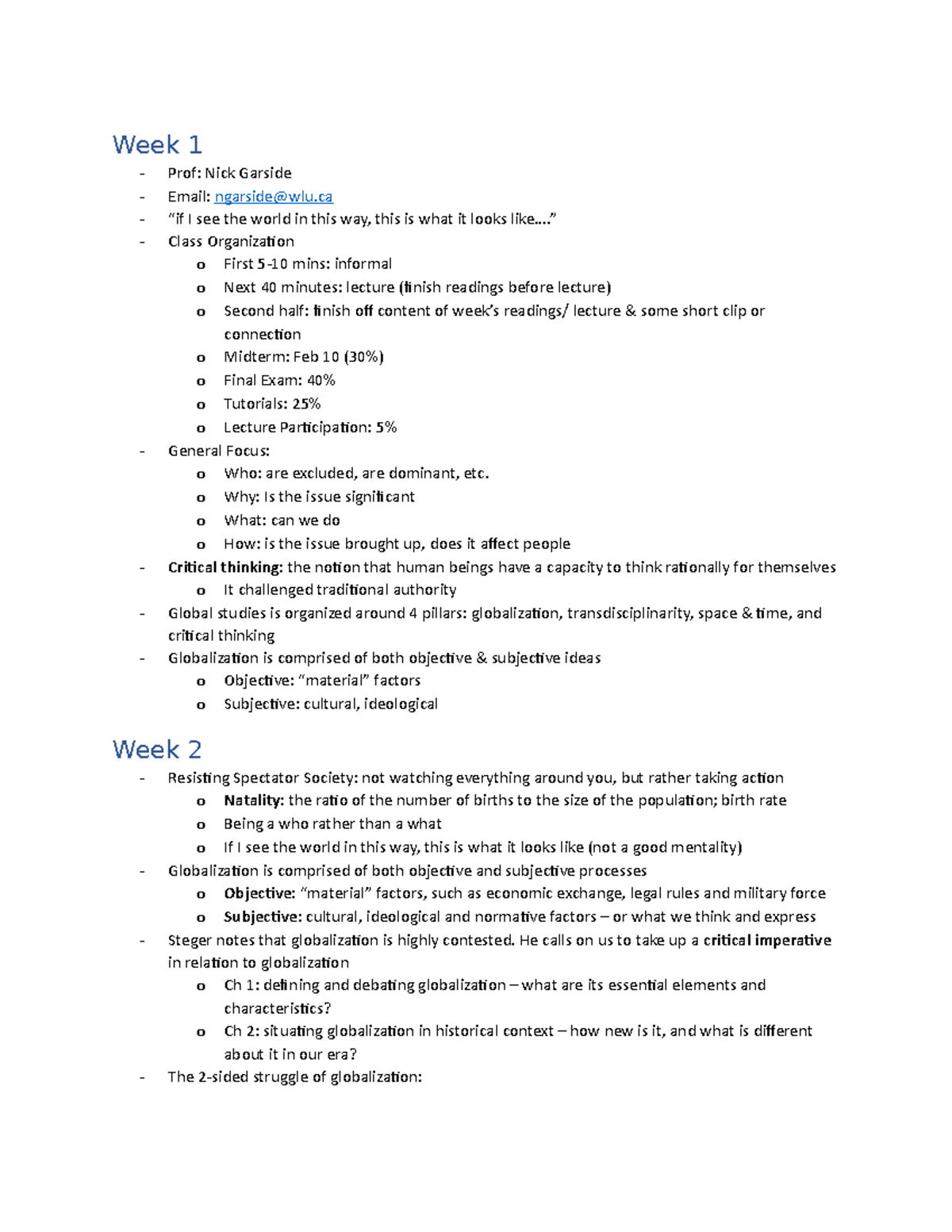 GS101 Lecture Notes - Week 1 Prof: Nick Garside Email: ngarside@wlu “if ...
