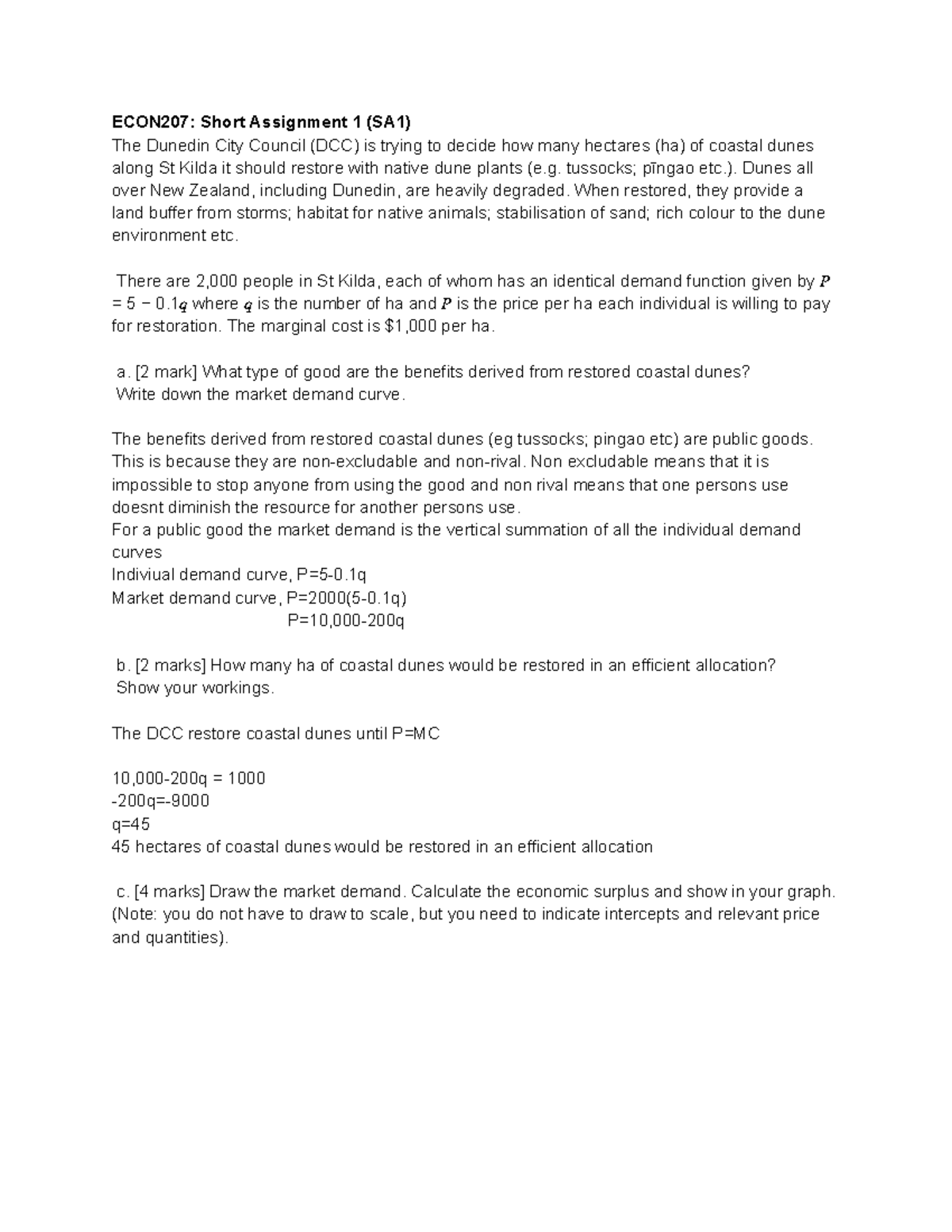 Econ207 SA - ECON207: Short Assignment 1 (SA1) The Dunedin City Council (DCC) is trying to ...