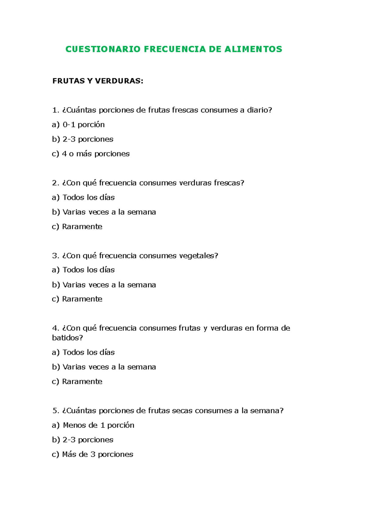 Cuestionario Frecuencia DE Alimentos - CUESTIONARIO FRECUENCIA DE ...