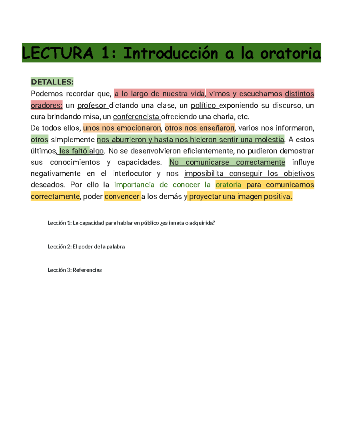 Modulo 1 - 4 lecturas - Oratoria - LECTURA 1: Introducción a la oratoria DETALLES: Podemos ...