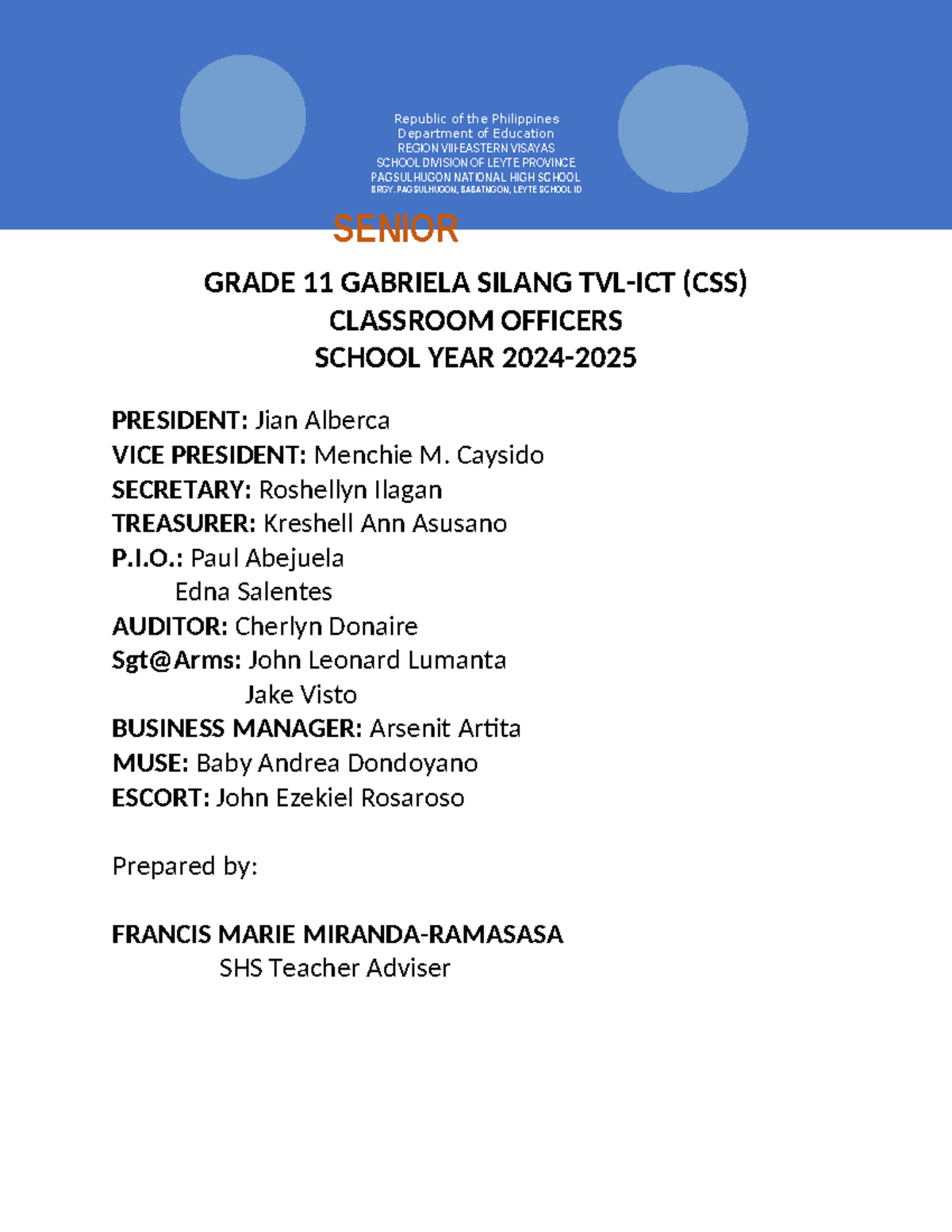 Classroom Officers 11 Gabriela Silang - Republic of the Philippines ...