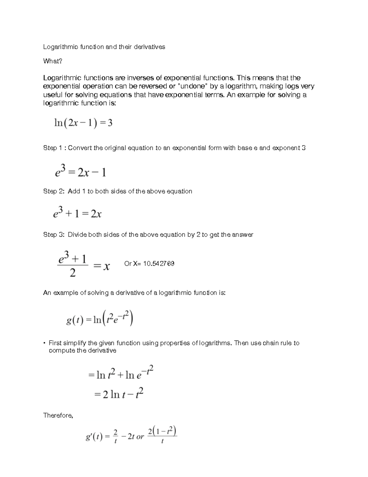 Logarithmic function and their derivatives - Logarithmic function and ...