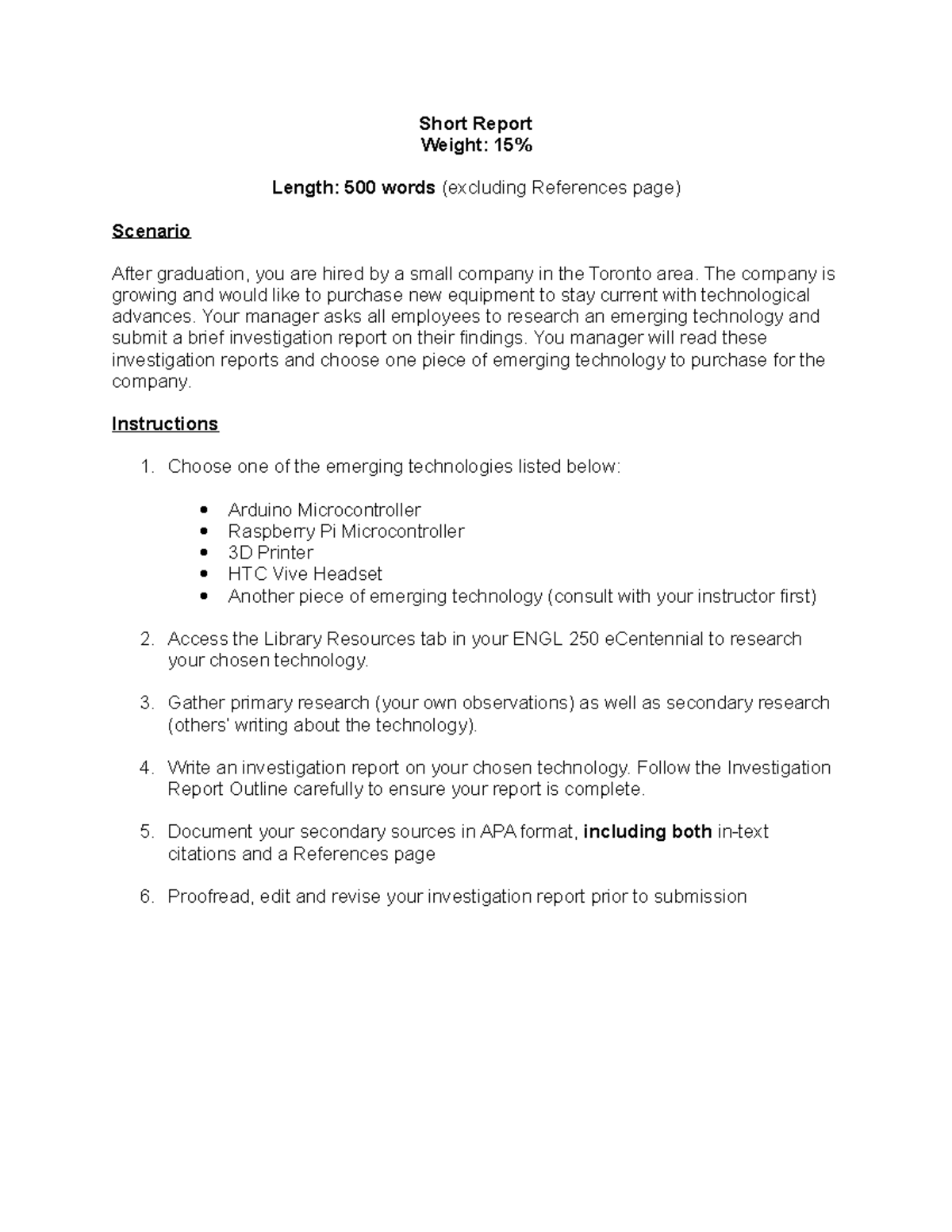 Short Report Assignment Sheet - Short Report Weight: 15% Length: 500 ...