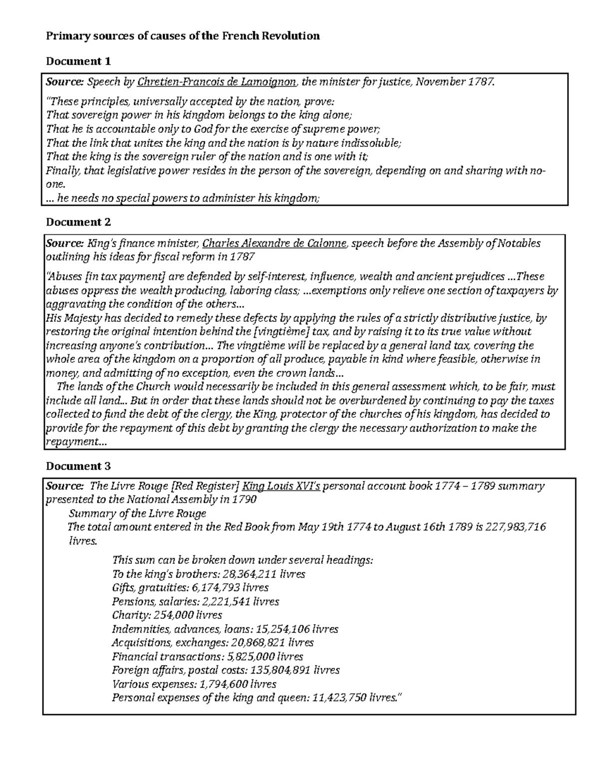 Sources for DBQ on Causes - Primary sources of causes of the French ...