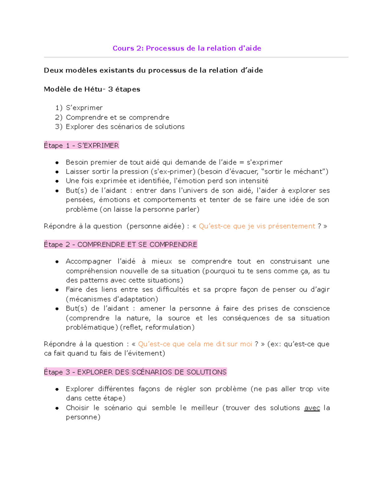 Cours 2 Processus de la relation d'aide - Cours 2: Processus de la relation d'aide Deux modèles ...
