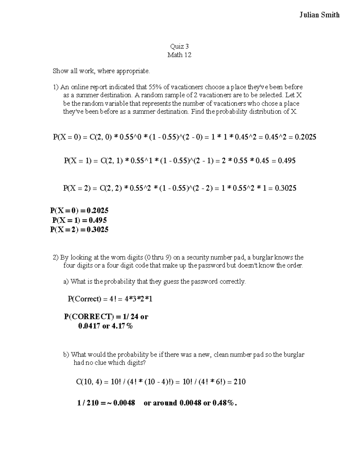 Quiz 3 - quiz work - Quiz 3 Math 12 Show all work, where appropriate ...
