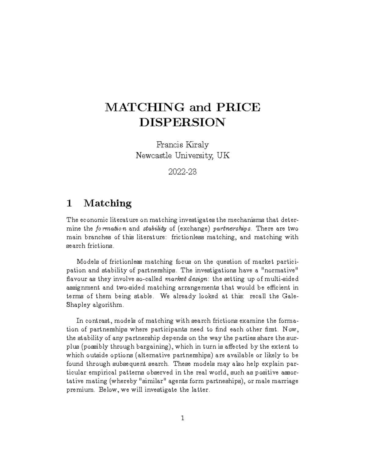 Matching and Price Dispersion Notes - MATCHING and PRICE DISPERSION ...