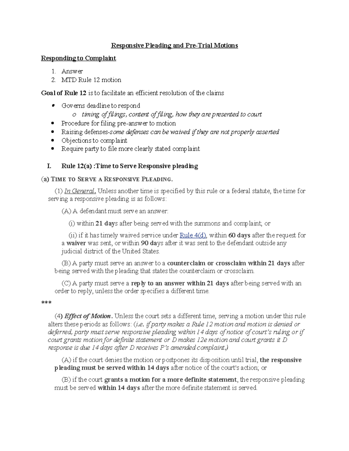 Rule 12 Responsive Pleadings before trial-rule 15 during after trial ...
