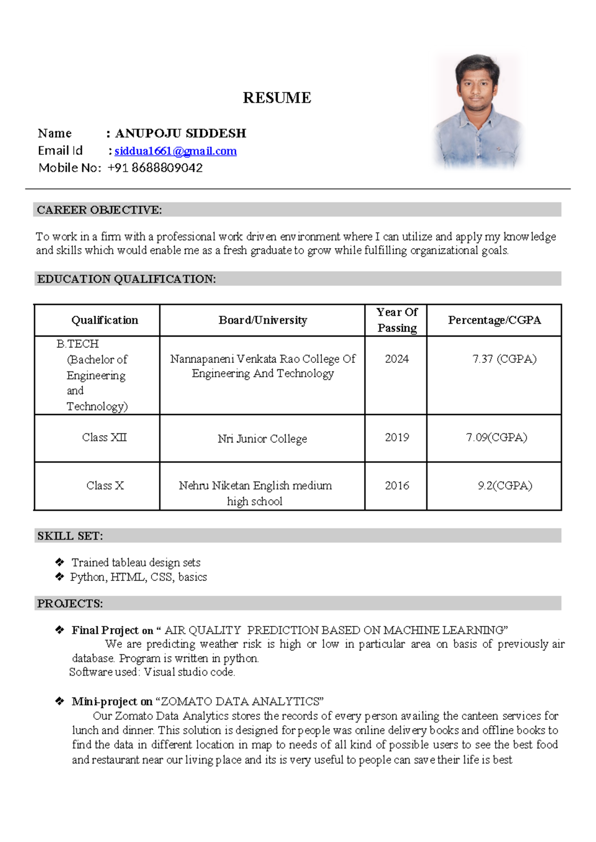 Siddu resume - it is usefull to complet the subject - RESUME Name ...