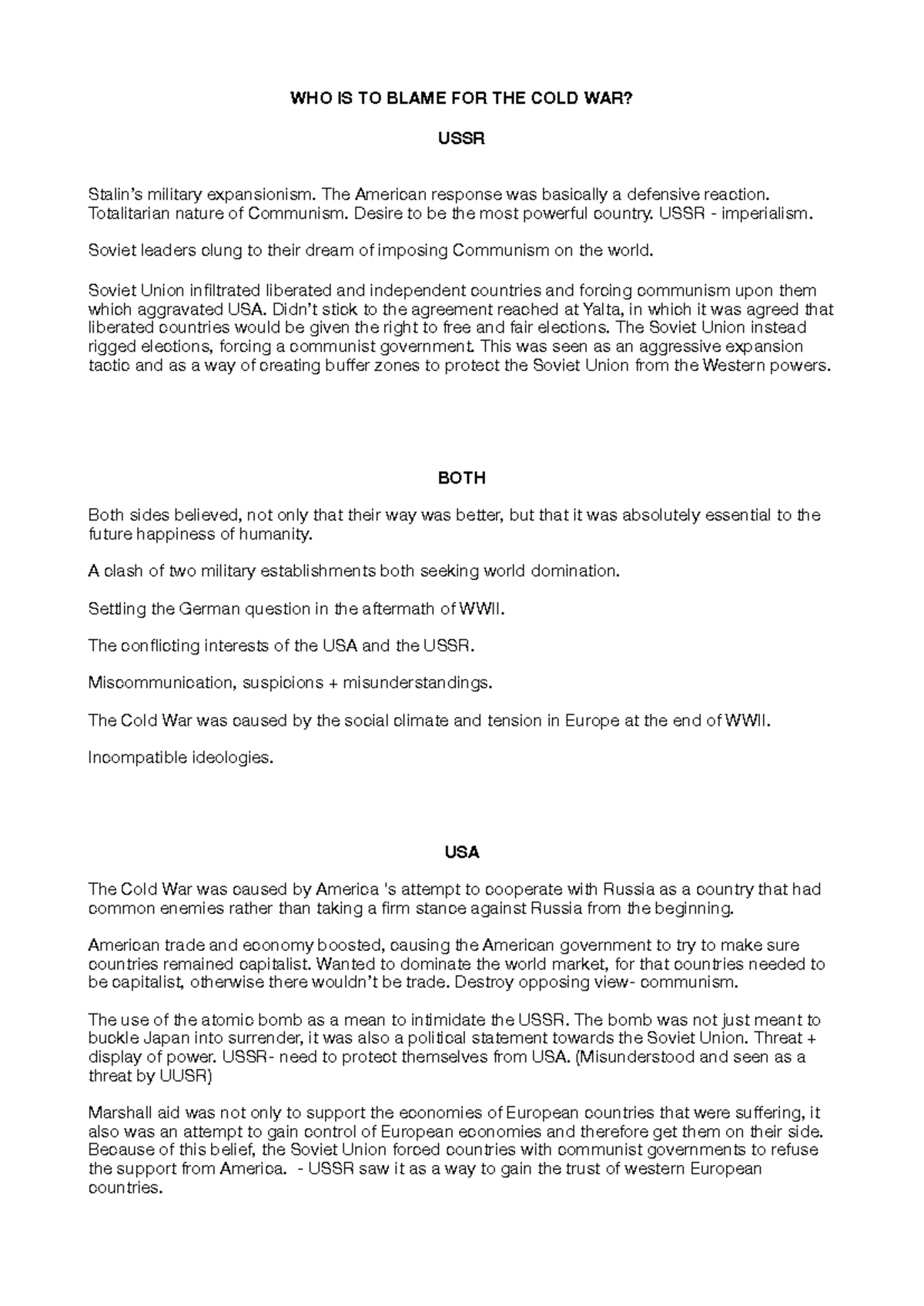 History cold wr - Cold War reasons - WHO IS TO BLAME FOR THE COLD WAR ...