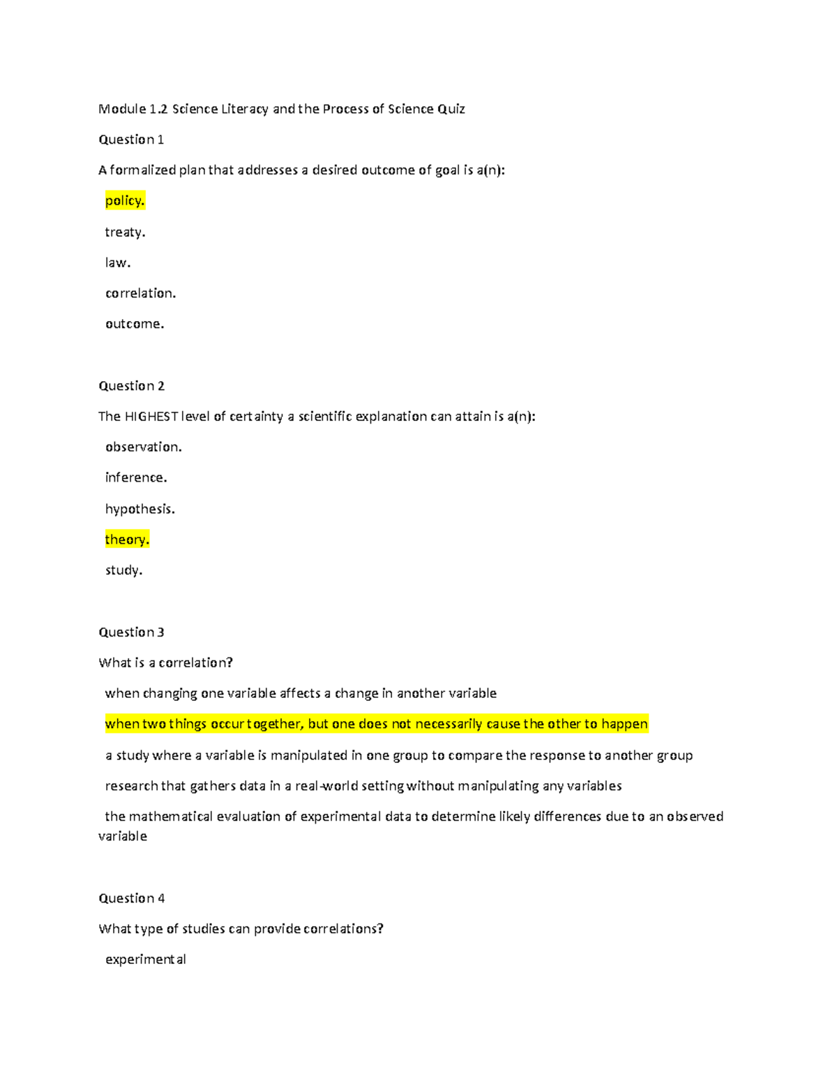 Module 1.2 Science Literacy and the Process of Science Quiz - treaty ...
