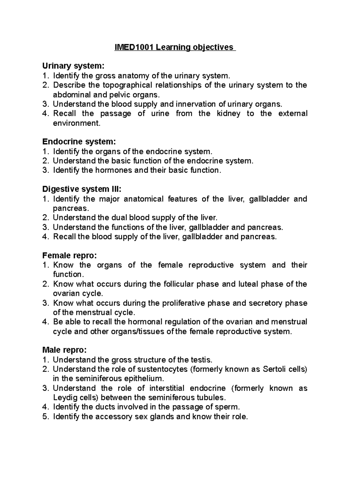 IMED1001 Learning objectives - IMED1001 Learning objectives Urinary ...