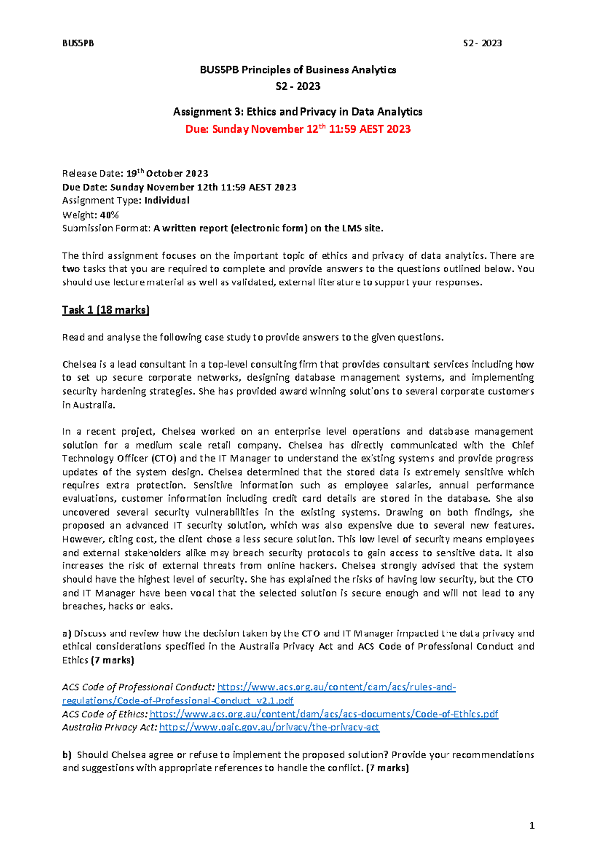 BUS5PB Assignment 3 S2 2023 - BUS5PB Principles of Business Analytics S 2 - 2023 Assignment 3 ...