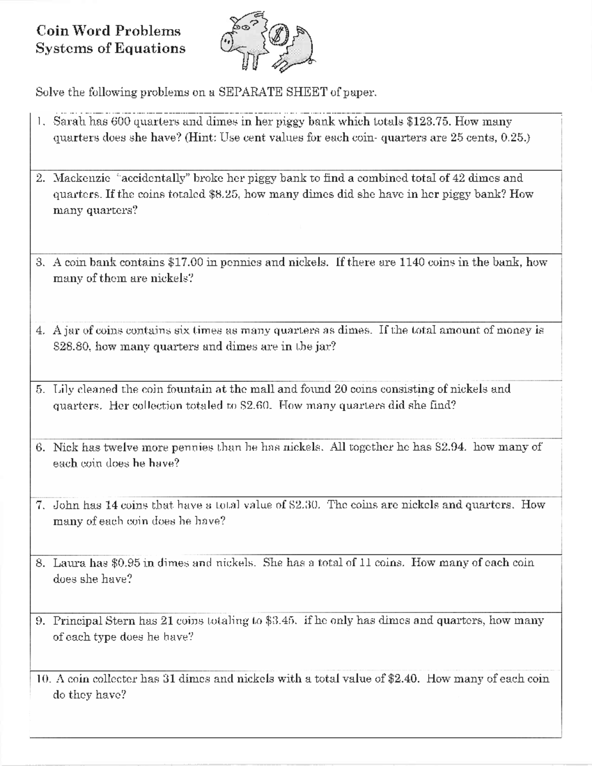 Coin problems answer key - Coin Word Problems Systems of Equations ...
