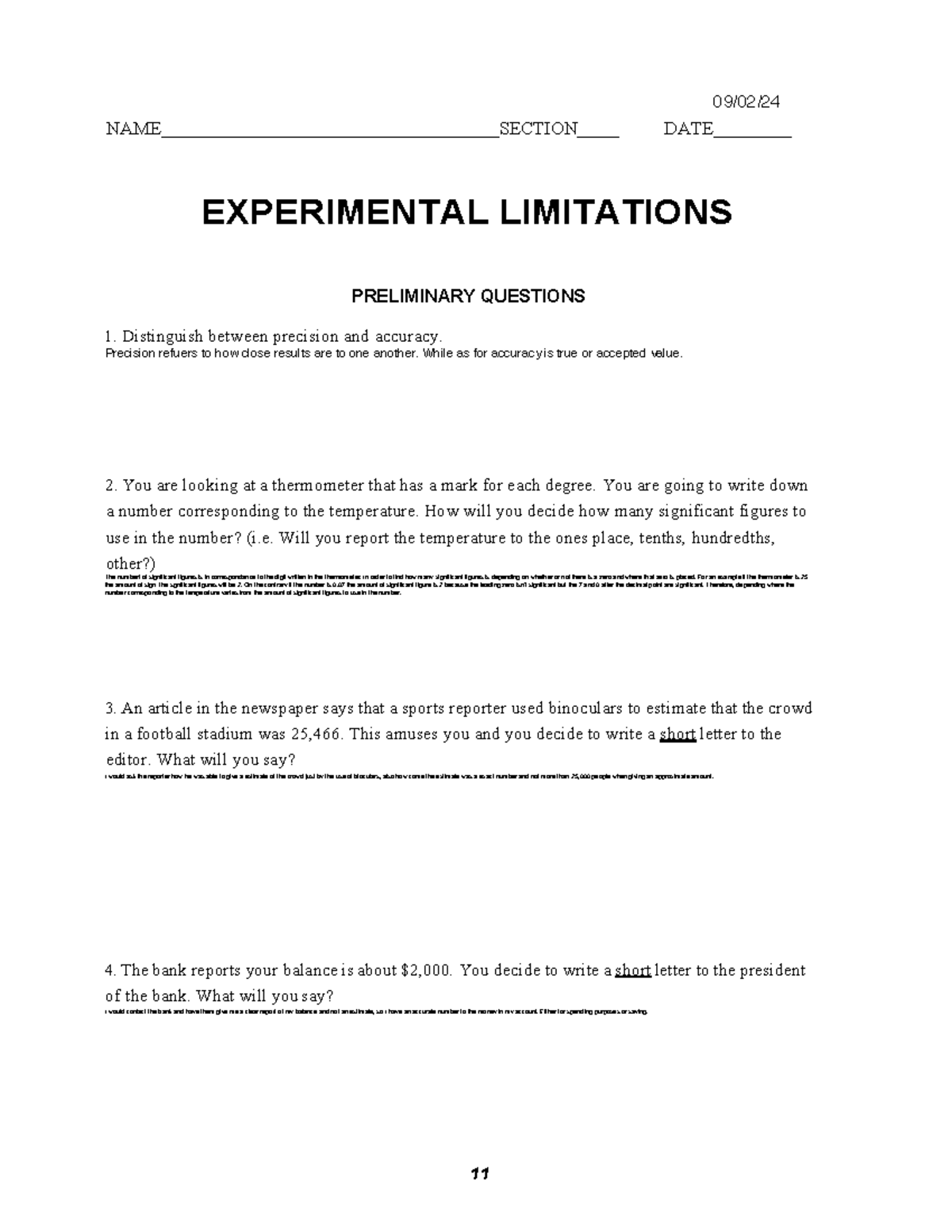 Exp Limits PQs - NAME SECTION DATE EXPERIMENTAL LIMITATIONS PRELIMINARY ...