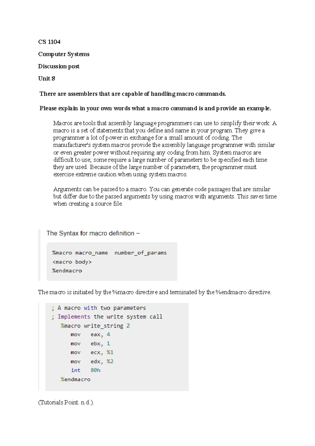 CS 1104 Discussion Post Unit 8 - CS 1104 Computer Systems Discussion post Unit 8 There are - Studocu