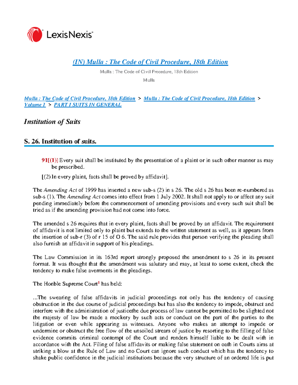 Institution of Suits - Mulla : The Code of Civil Procedure, 18th ...