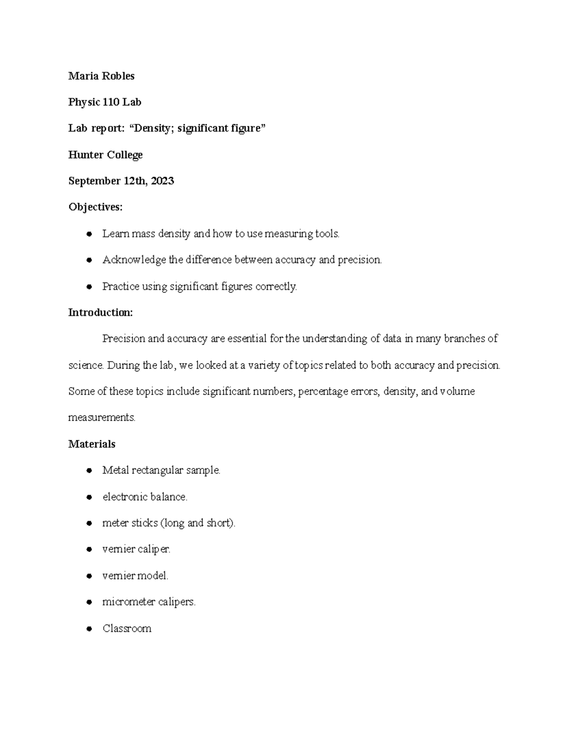 Physc 110 Density - lab report - Maria Robles Physic 110 Lab Lab report ...