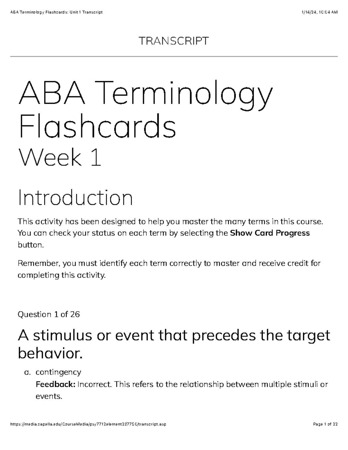 ABA Terminology Flashcards: Unit 1 Transcript - TRANSCRIPT ABA Terminology Flashcards Week 1 ...