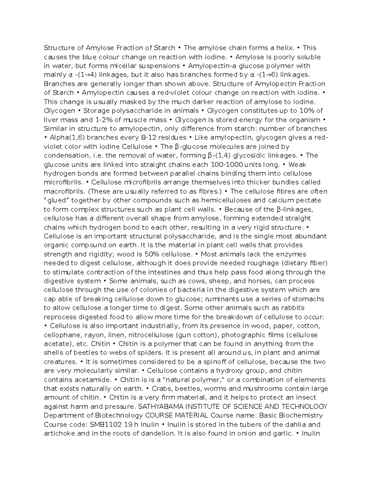 Biochem 5 - Structure of Amylose Fraction of Starch • The amylose chain ...