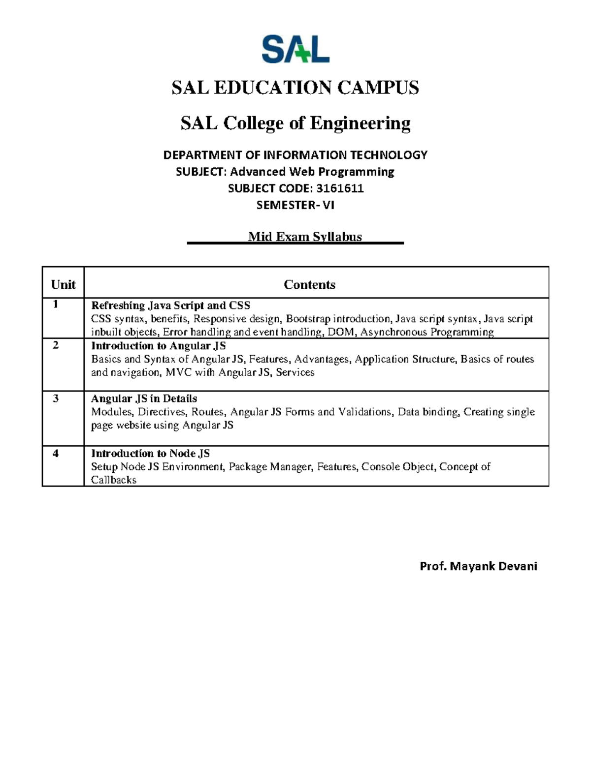 AWP (3161611) Mid sem6 syllabus - SAL EDUCATION CAMPUS SAL College of Engineering DEPARTMENT OF ...