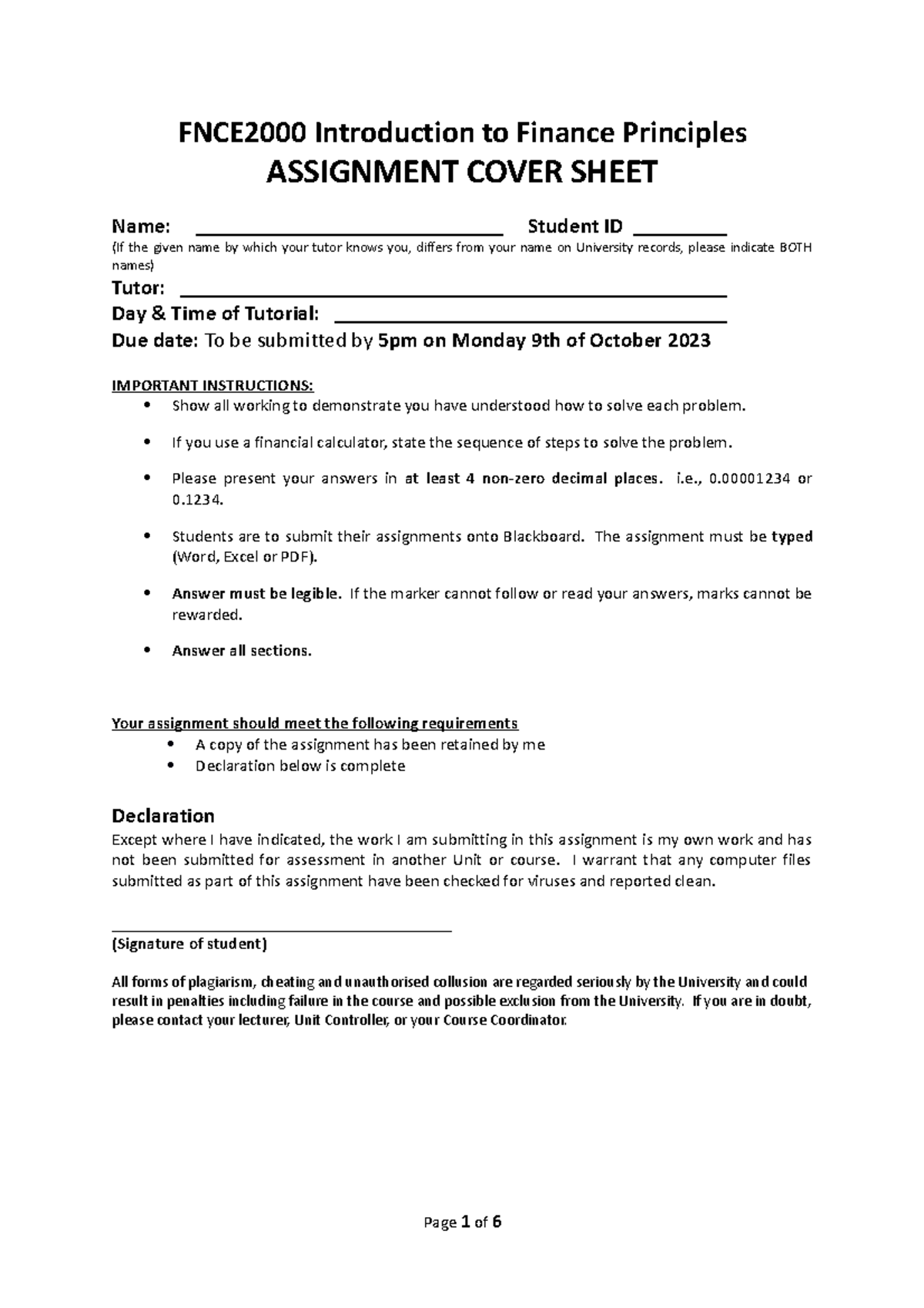 FNCE2000 assignment Sem2 2023 - FNCE2000 Introduction to Finance ...