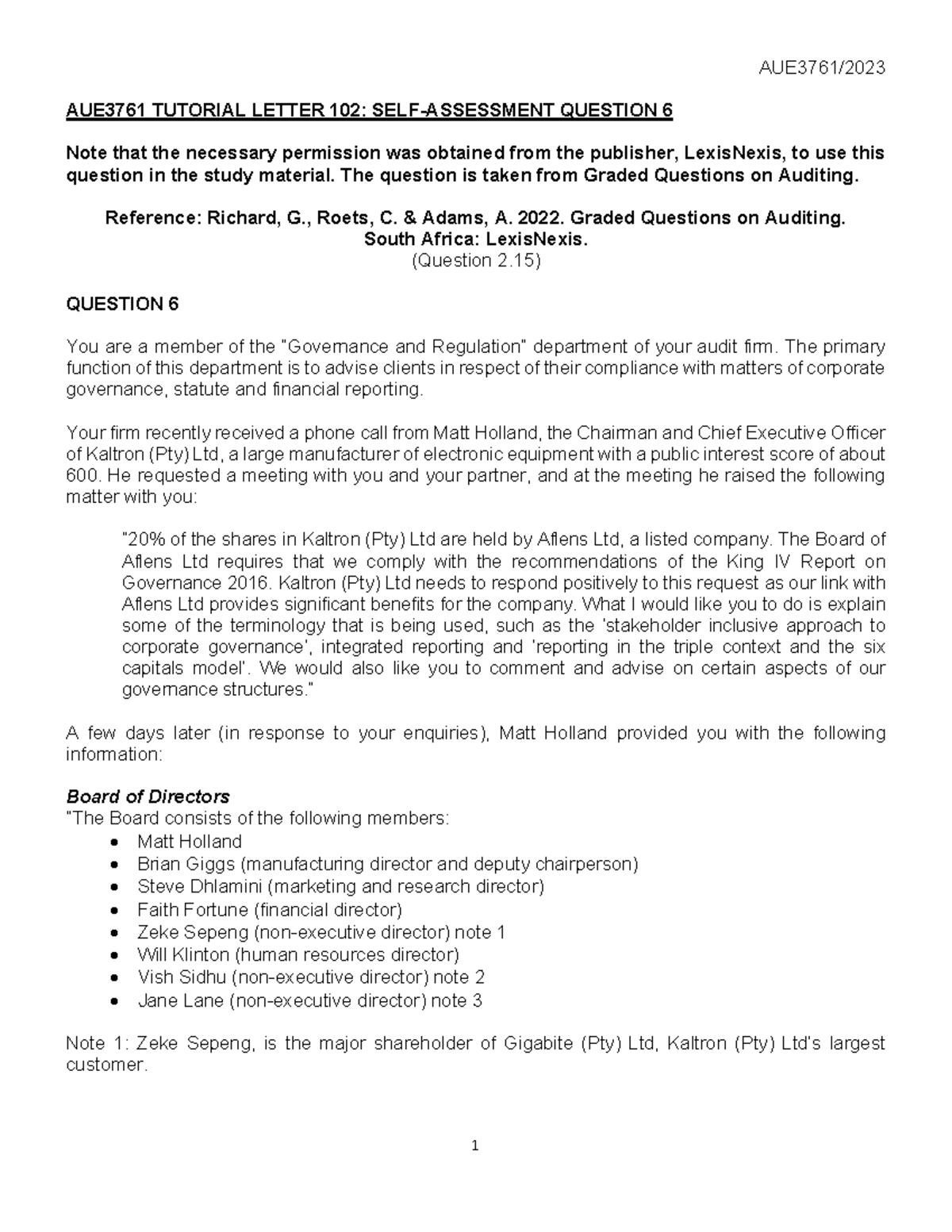 Self assessment Question 6 - AUE3761/ 1 AUE3761 TUTORIAL LETTER 102 ...