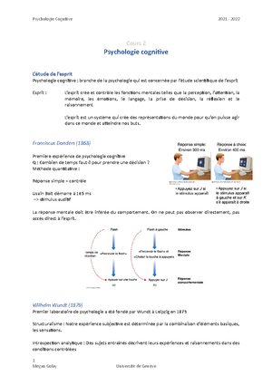Intro à la psycho cognitive - Introduction à la psychologie cognitive prof: Dirk Kerzel, num ...