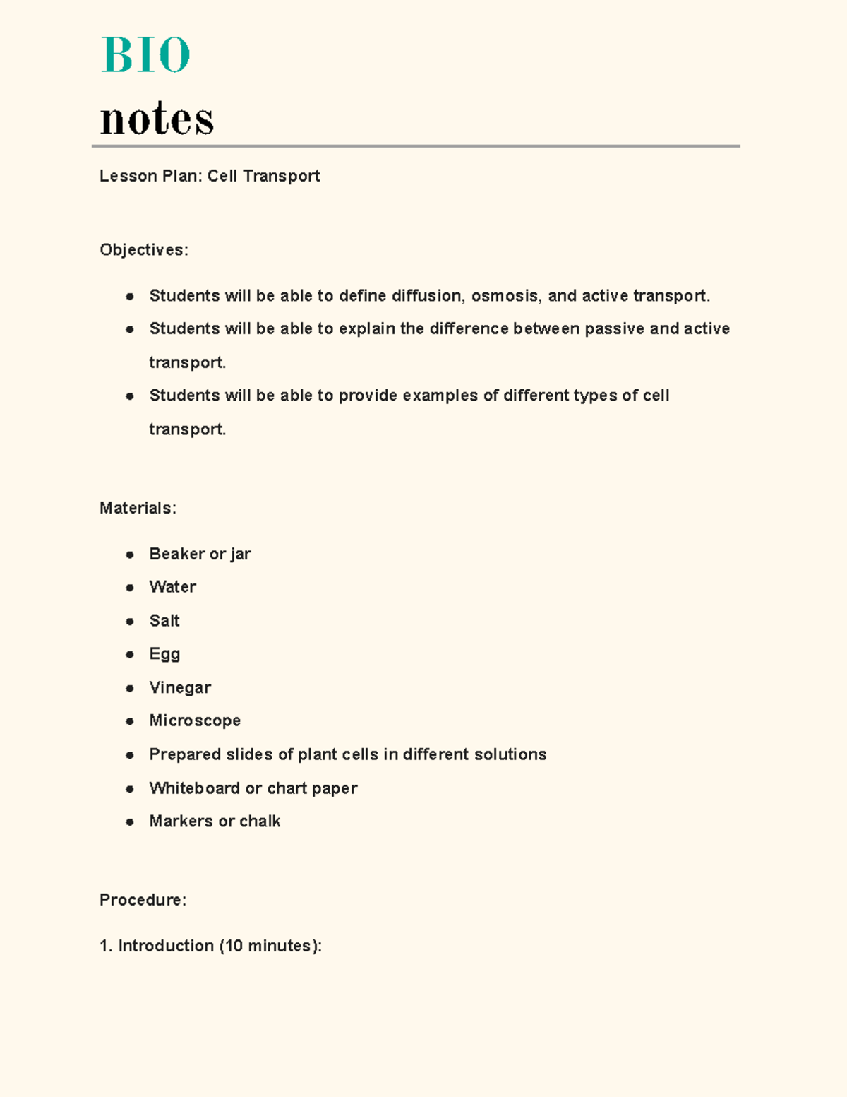 Biology Class Notes (13) - BIO notes Lesson Plan: Cell Transport ...