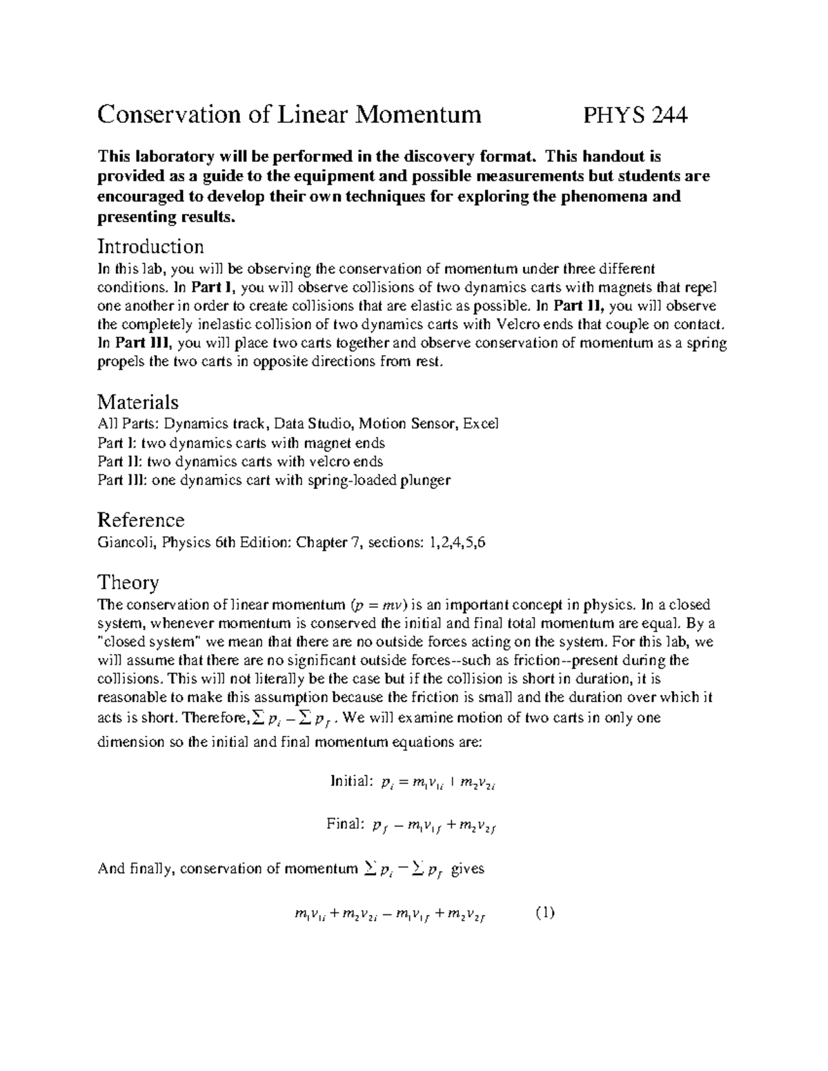 Handout Conservation of Linear Momentum - Conservation of Linear ...