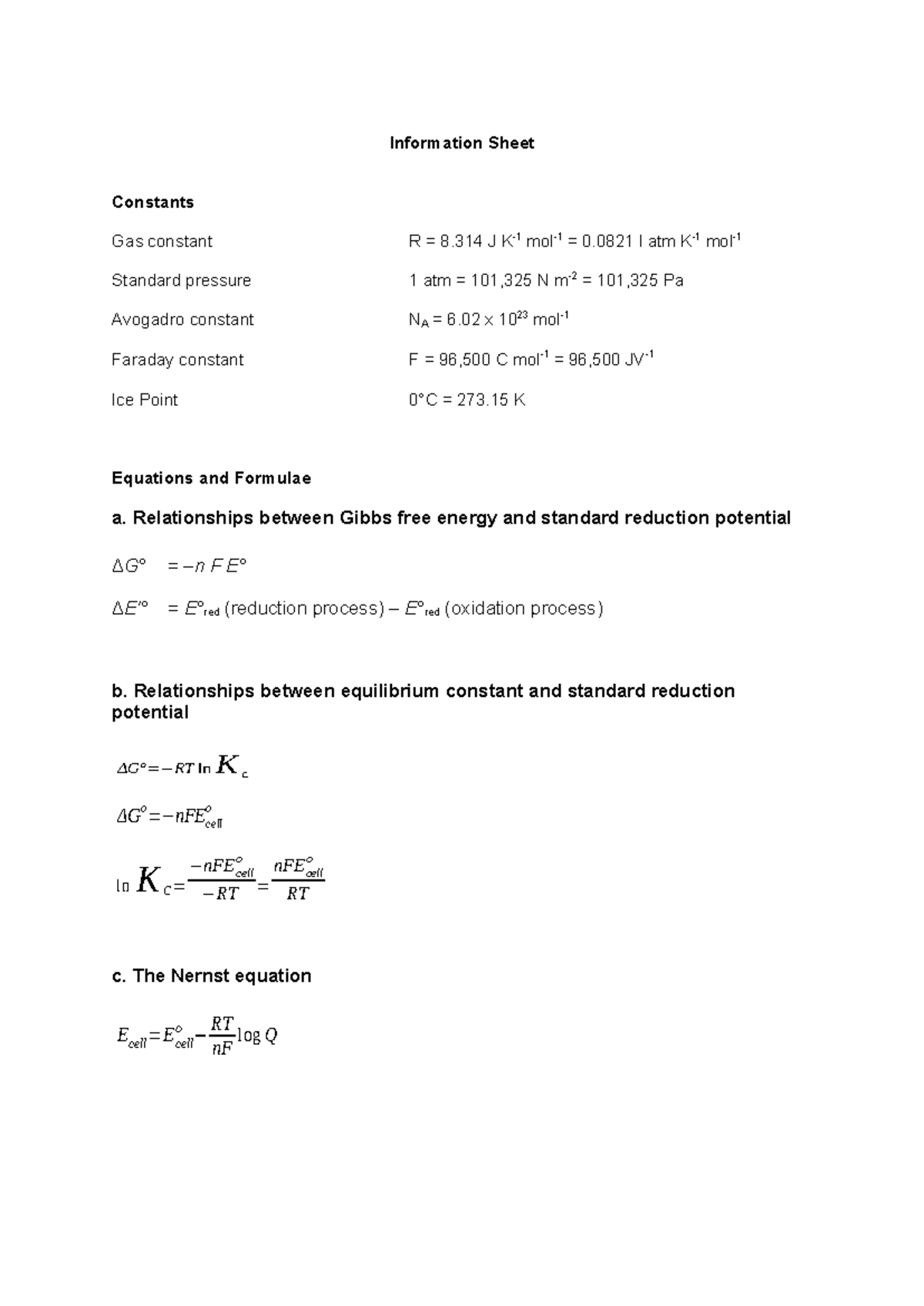 Information Sheet for EOT Exam - Information Sheet Constants Gas ...