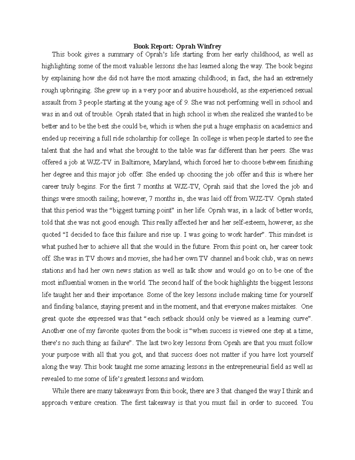 Book Report doc - Book Report: Oprah Winfrey This book gives a summary ...