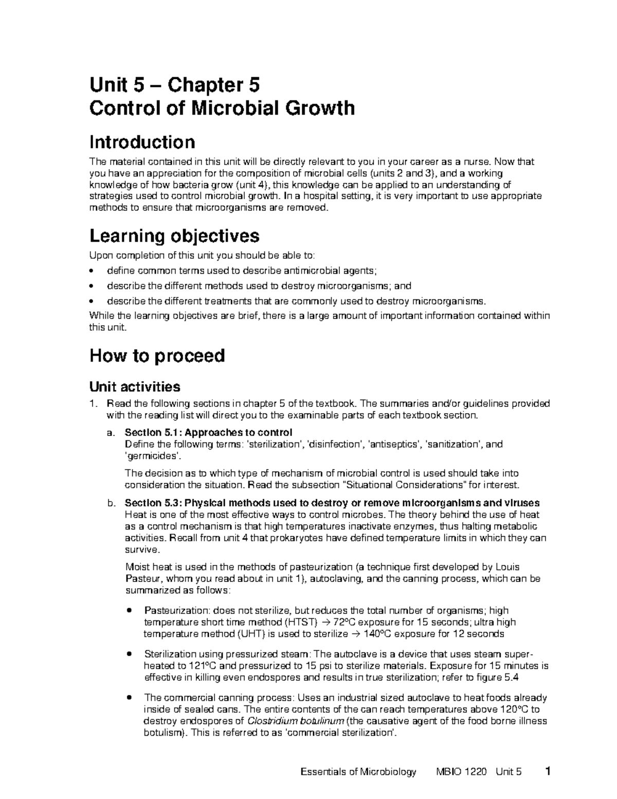 Unit5 10th ed - UNIT 5 SUMMARY - Essentials of Microbiology MBIO 1220 ...