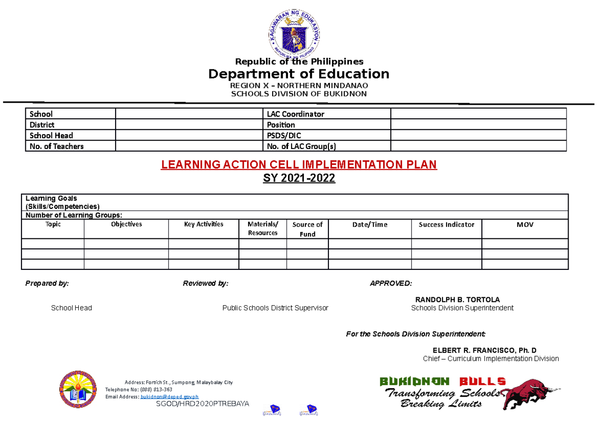 LAC Implementation PLAN 2021 2022 - Republic of the Philippines ...