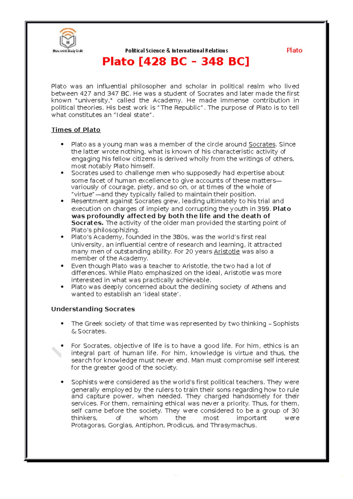 Plato - Classical political philosophy - Plato [428 BC – 348 BC] Plato ...