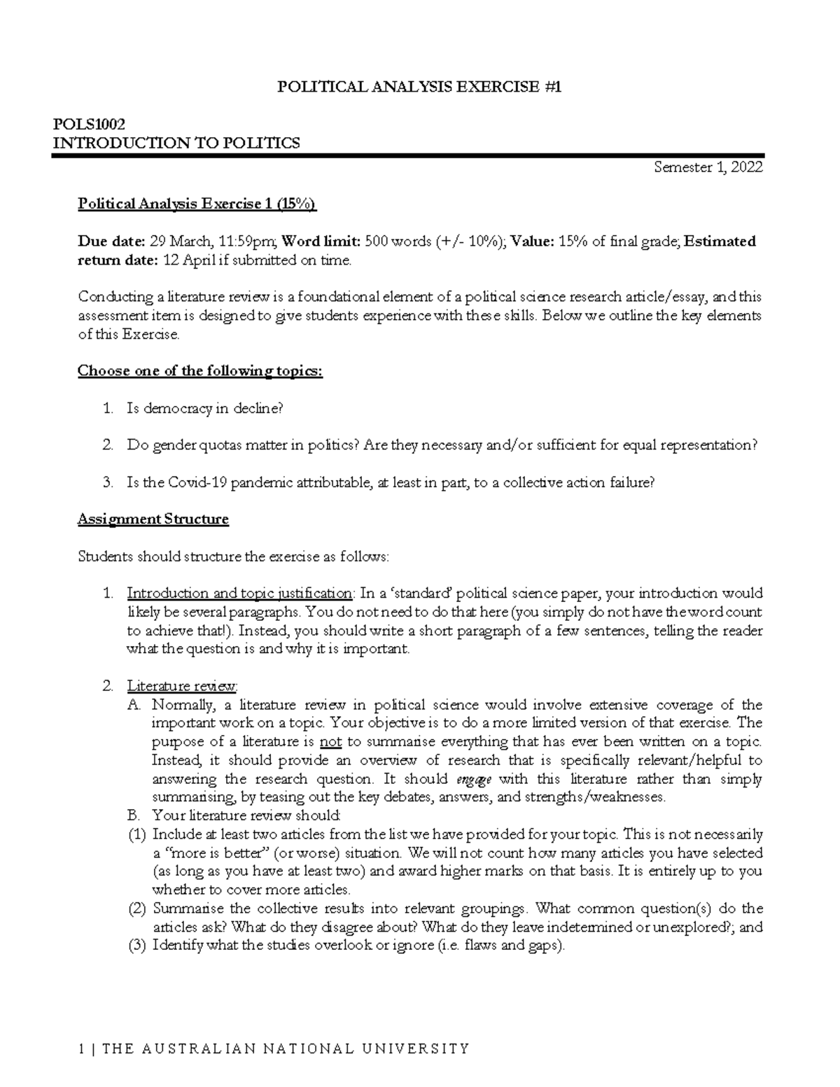 Political Analysis Exercise #1 - 1 | THE AUSTRALIAN NATIONAL UNIVERSITY ...